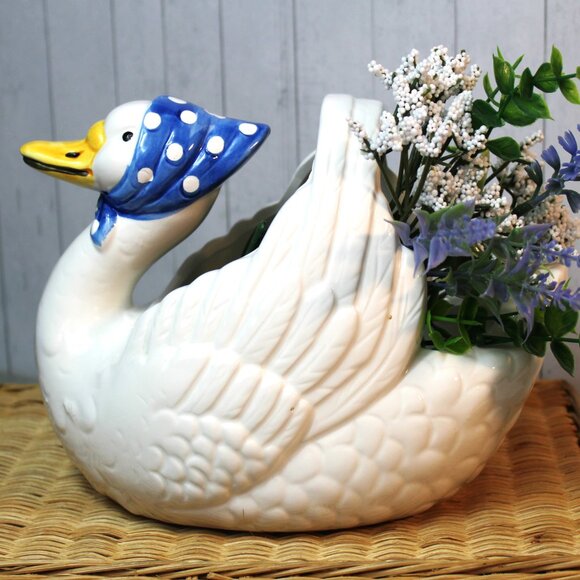 Accents | Vintage Duck Goose Ceramic Basket Handle Blue Polka Dot ...
